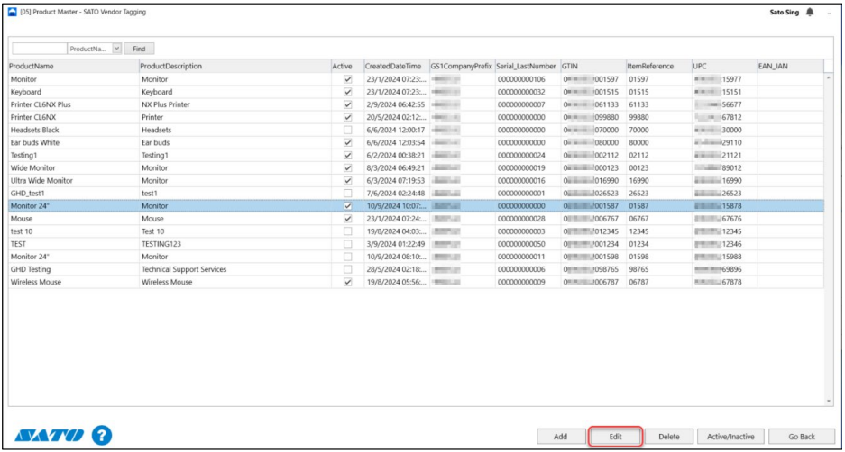 SATO Vendor Tagging (RFID) - Editing the Selected Product Information ...